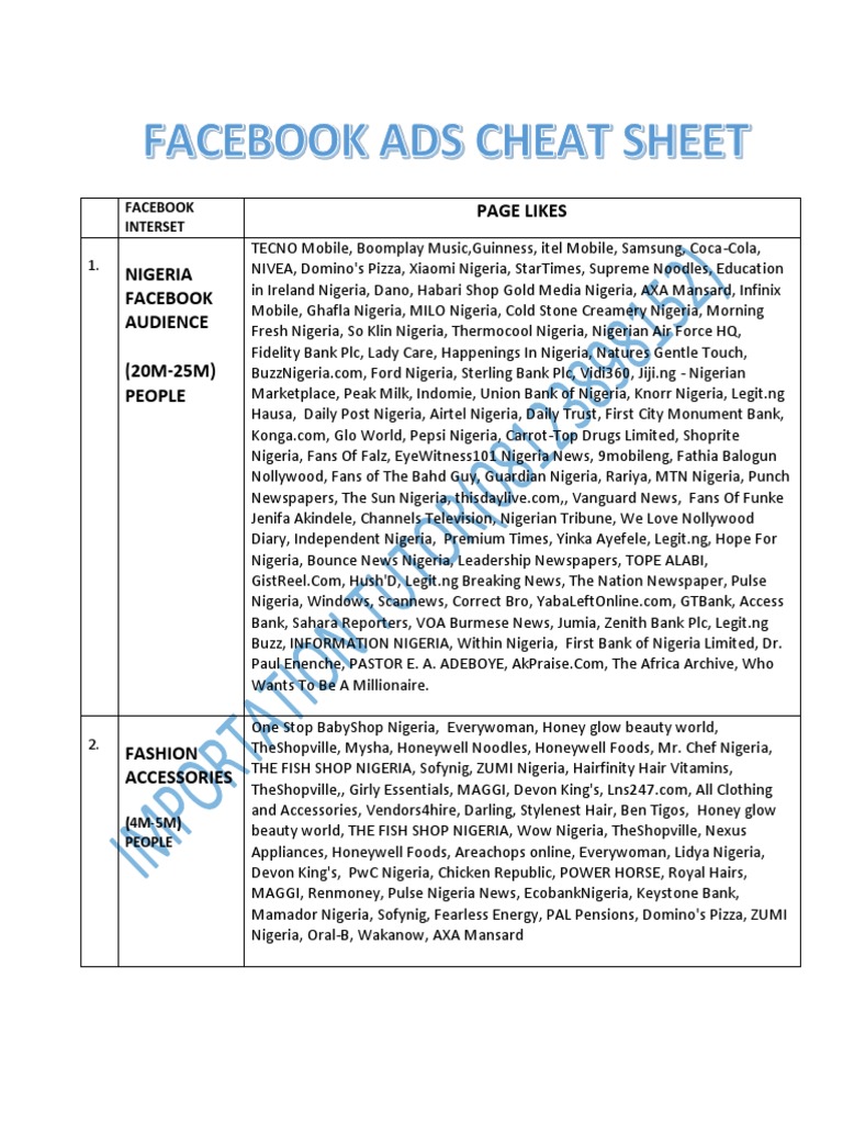 Importation Tutor Facebook Ads Cheat Sheet | PDF | Nigeria