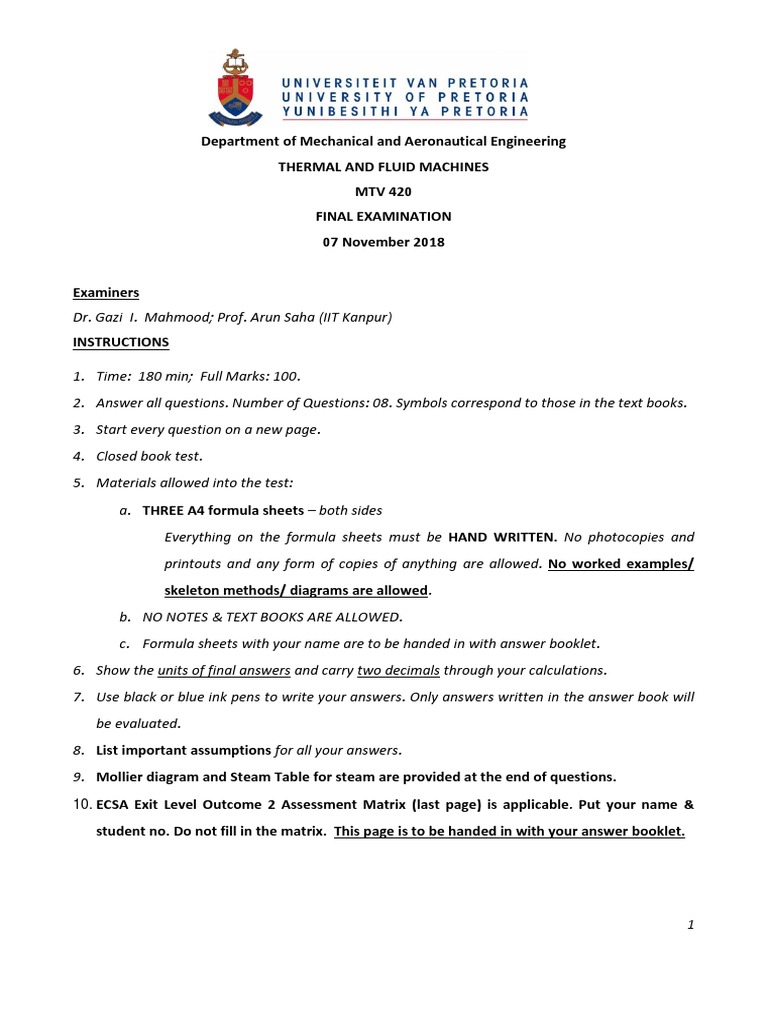 Thermal Fluid Machines Final Exam | PDF | Turbine | Physical Chemistry