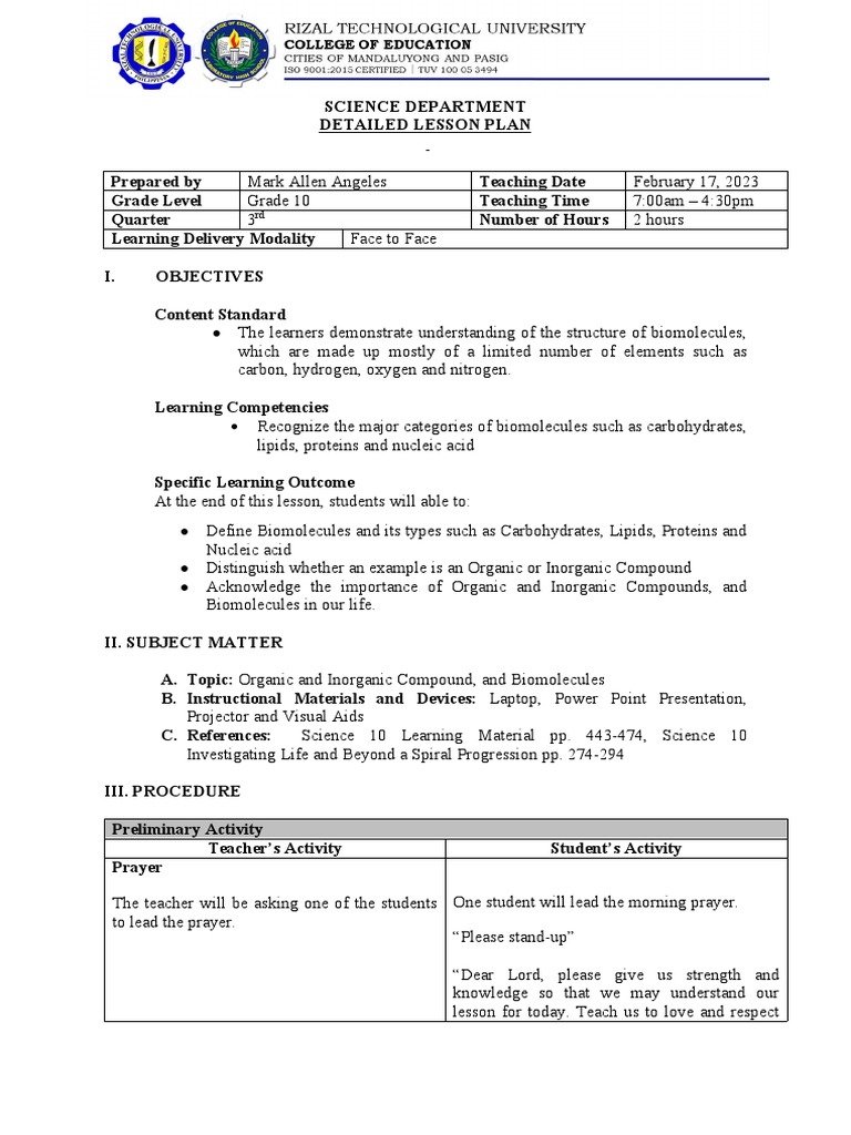 G10 Lesson1 DLP | PDF | Dna | Rna