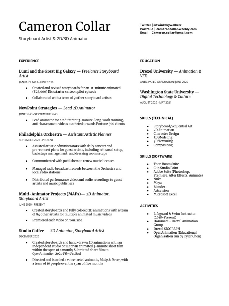 Cameron Collar Story Animation Resume 2022 | PDF | Animation | Mass Media