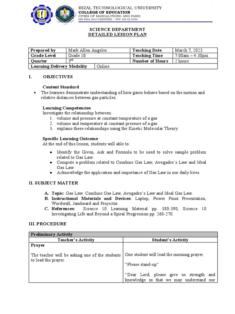G10 Lesson4 DLP | PDF | Gases | Mole (Unit)