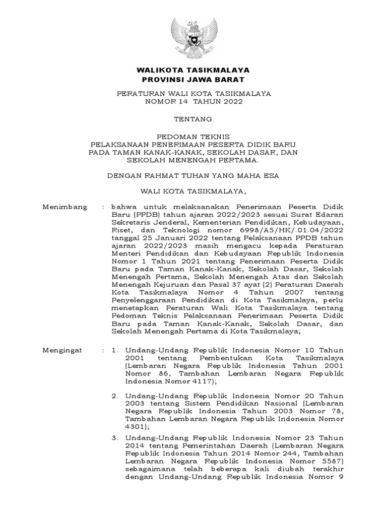 Perwalkot Nomor 14 Tahun 2022 Tentang PPDB | PDF