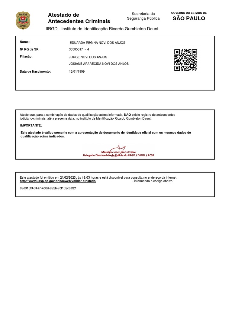Atestado de Antecedentes SP 2023 | PDF
