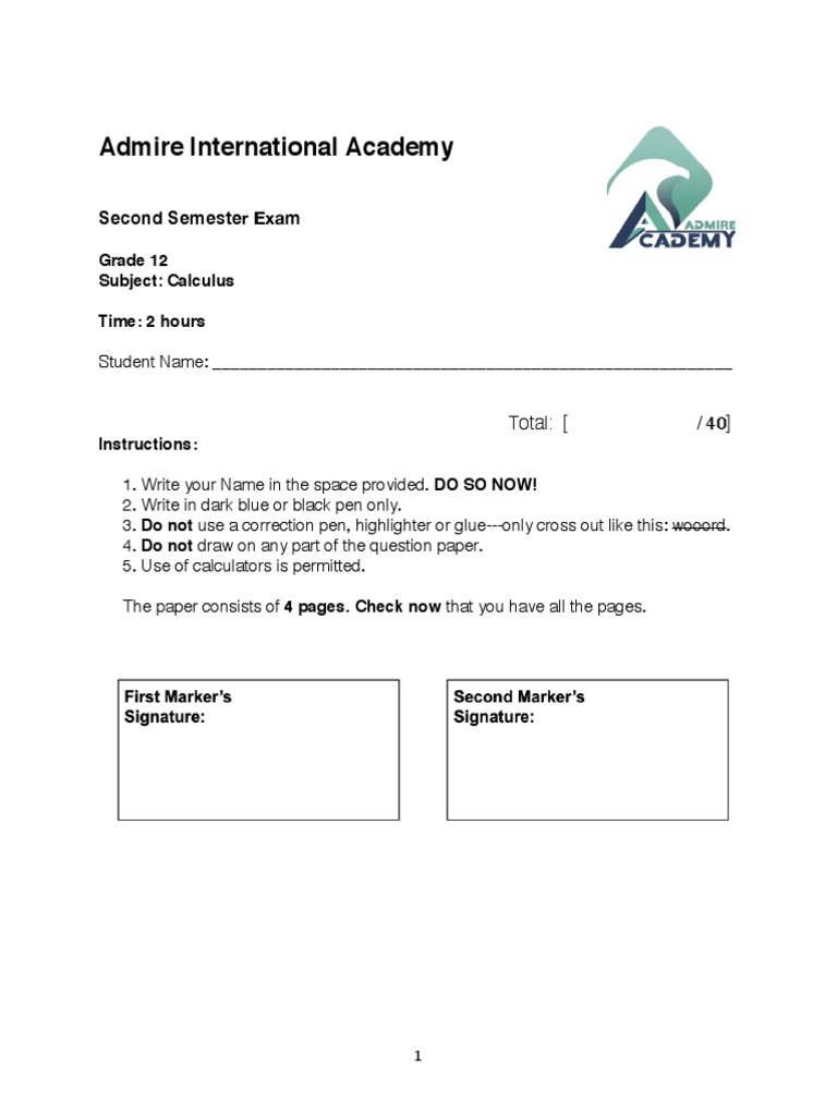 Grade 12 Calculus Exam Questions | PDF | Derivative | Elementary ...