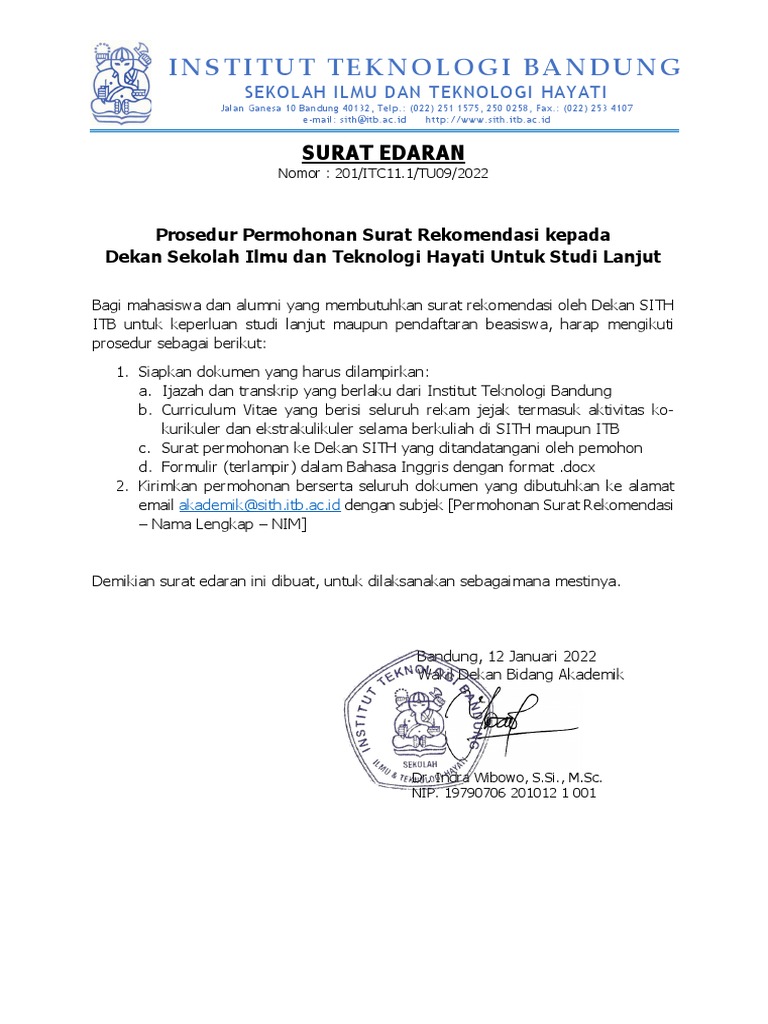 201 Surat Edaran Permohonan Surat Rekomendasi Dekan SITH ITB v.1.0 1 ...