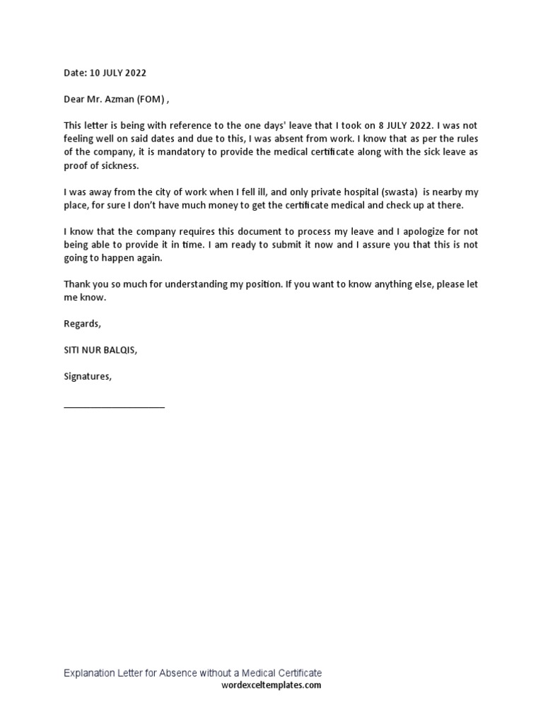 Explanation Letter For Absence Without A Medical Certificate | PDF