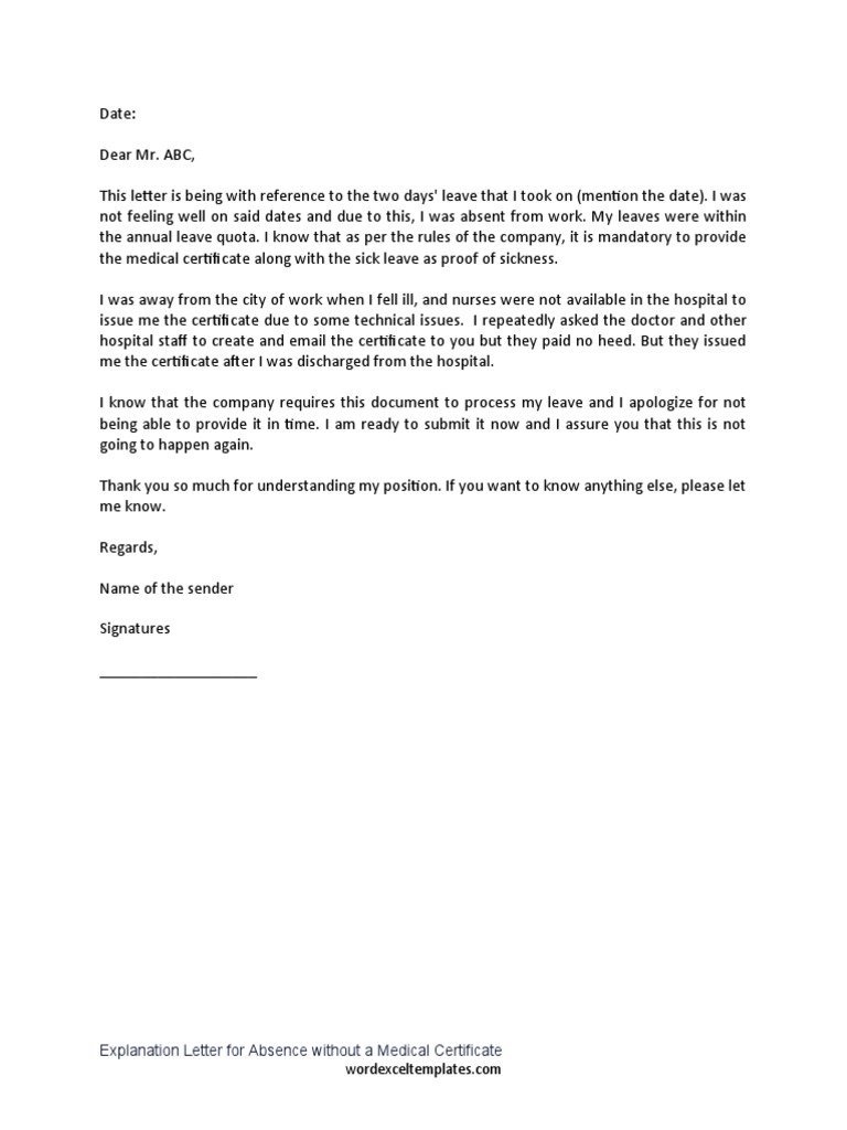 Explanation Letter For Absence Without A Medical Certificate 2 Pdf 