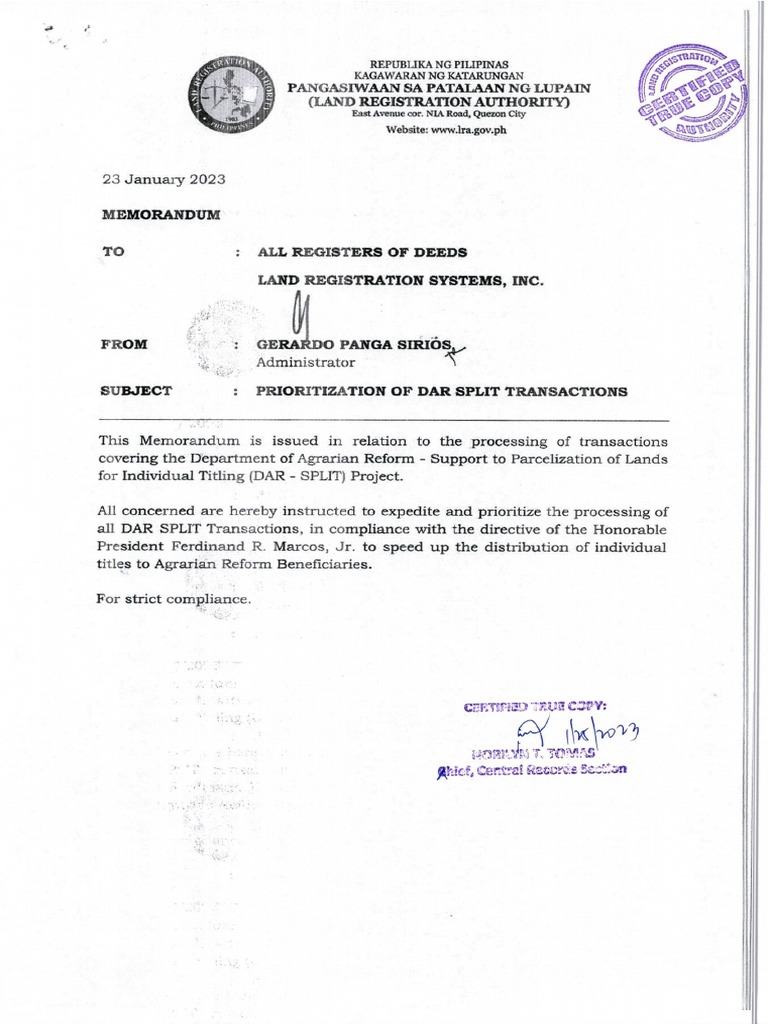 Memorandum Dated January 23, 2023 (PRIORITIZATION OF DAR SPLIT ...