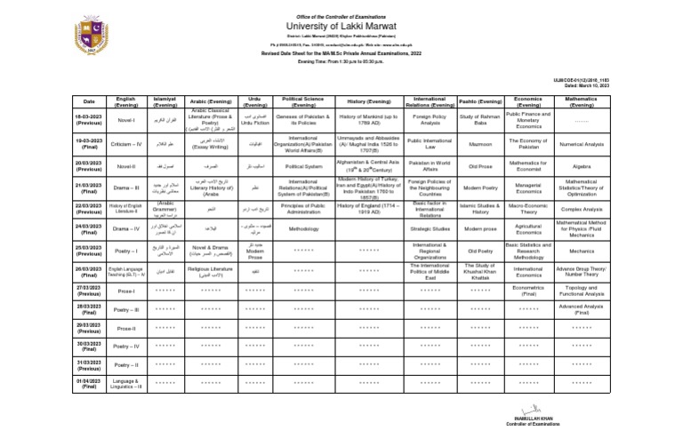 ULM Revised Date Sheet MA/M.Sc Private Annual Exams 2022 | PDF | Pakistan | Economics