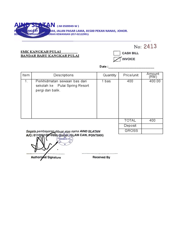 Contoh Invois Sewa Bas Sekolah | PDF