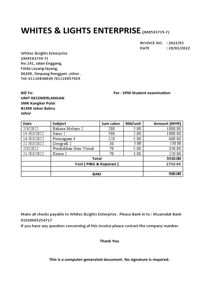 INVOCE Unit Kecemerlangan WHITE & LIGHT ENTERPRISE Invoice SPM 2022 | PDF