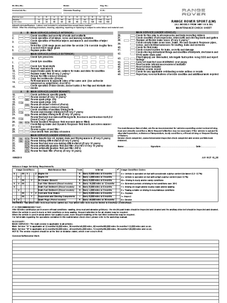JLR 18 27 10 - 2E - Maintenance Check Sheet - Range Rover Sport (LW ...