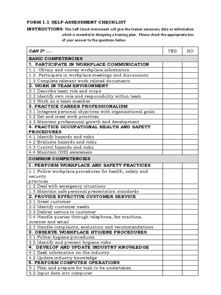 Self Assessment Checklist Forms 1 4 | PDF | Cakes | Desserts