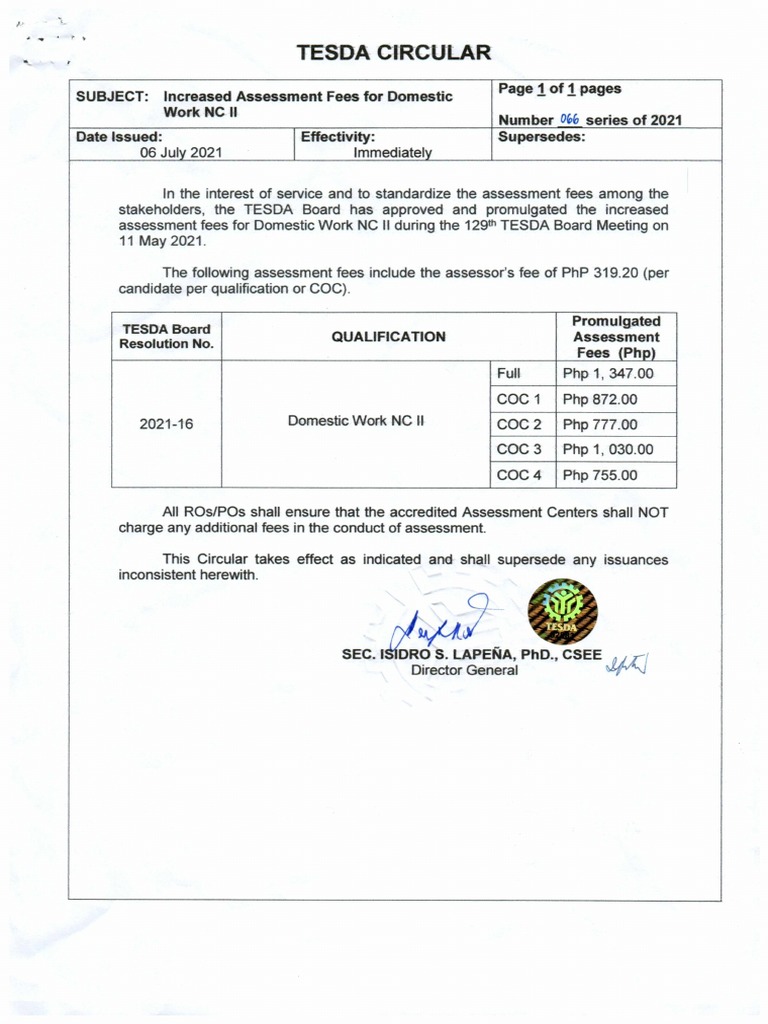 Increased TESDA Assessment Fees NC II | PDF