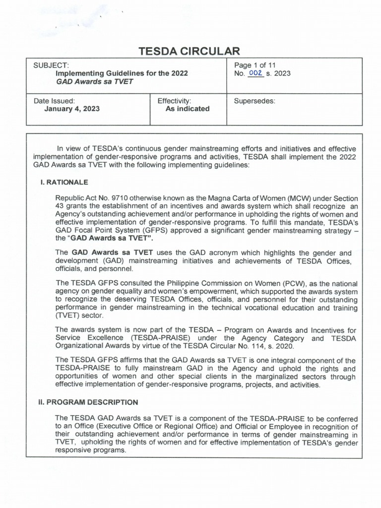 TESDA Circular No. 002-2023 | PDF | Gender Mainstreaming | Gender And ... TESDA Circular No. 002-2023 | PDF | Gender Mainstreaming | Gender And ...