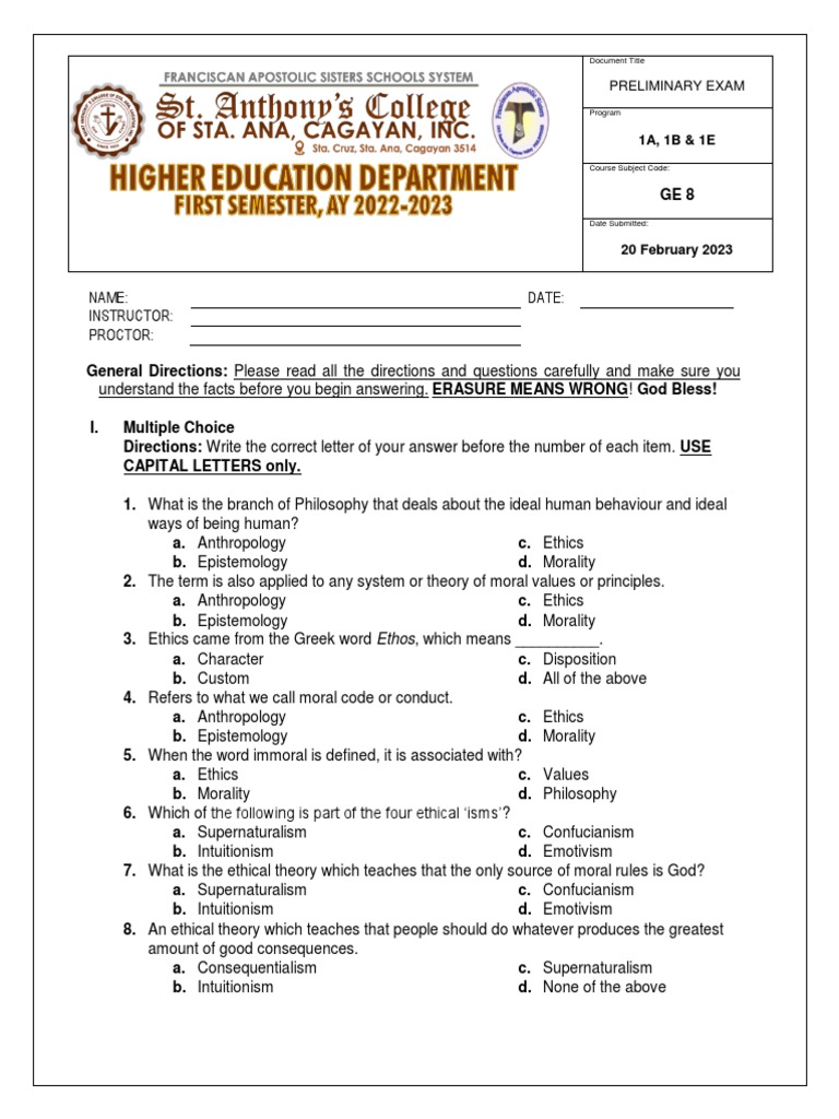 Prelim Exam PDF | PDF | Morality | Philosophical Theories