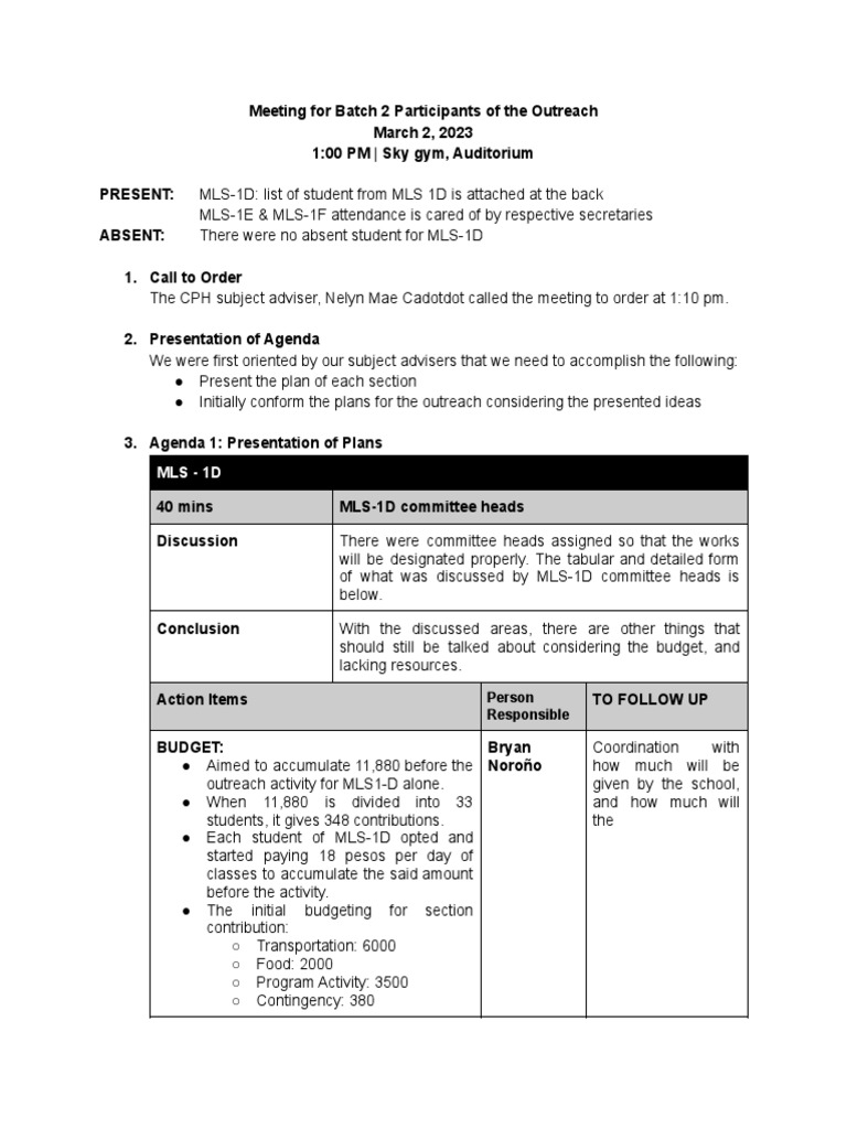 Outreach Planning Meeting Summary | PDF