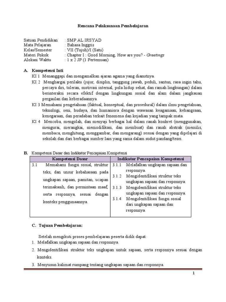 Rencana Pembelajaran Bahasa Inggris Kelas VII tentang Ungkapan Sapaan ...