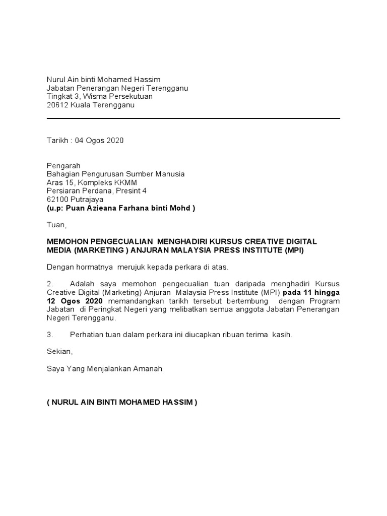 Contoh Surat Tidak Hadir Kursus | PDF