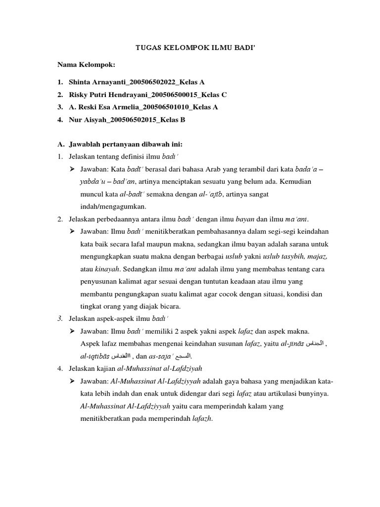 Tugas 01 Kelompok Ilmu Badi' | PDF