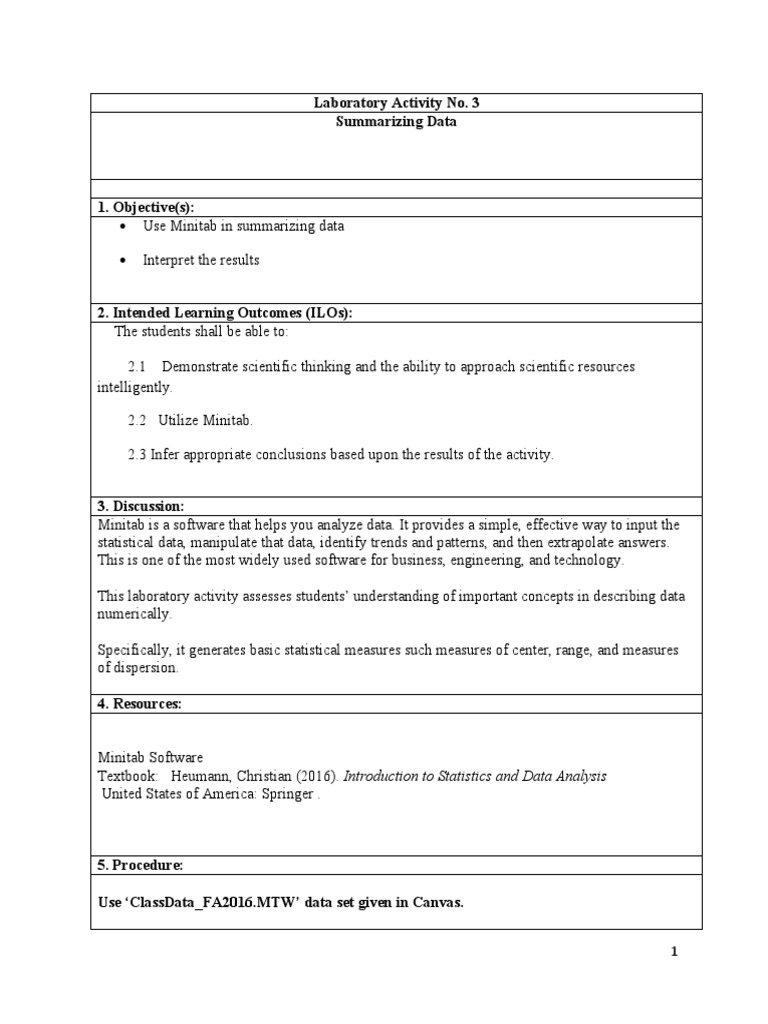 Summarizing Laboratory Data with Minitab | PDF | Quartile | Descriptive Statistics