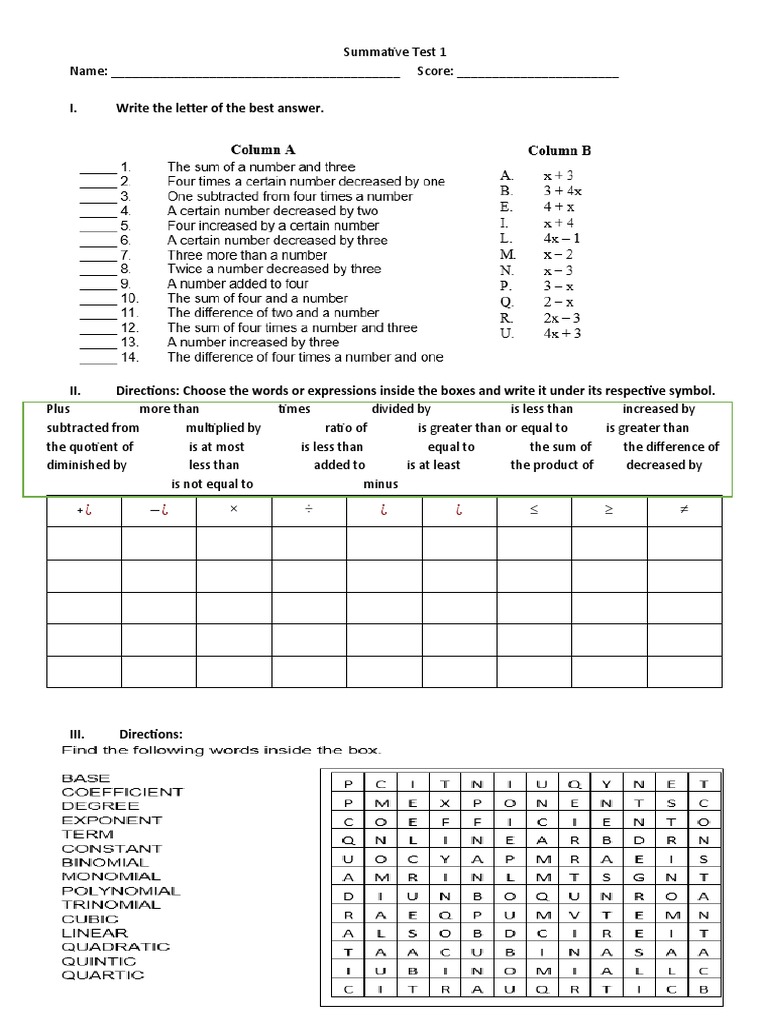 Summative Test 1 - Math 7 | PDF