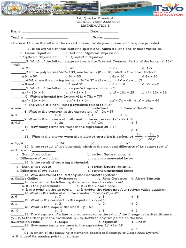 Math 8 1st Summative | PDF | Cartesian Coordinate System | Factorization