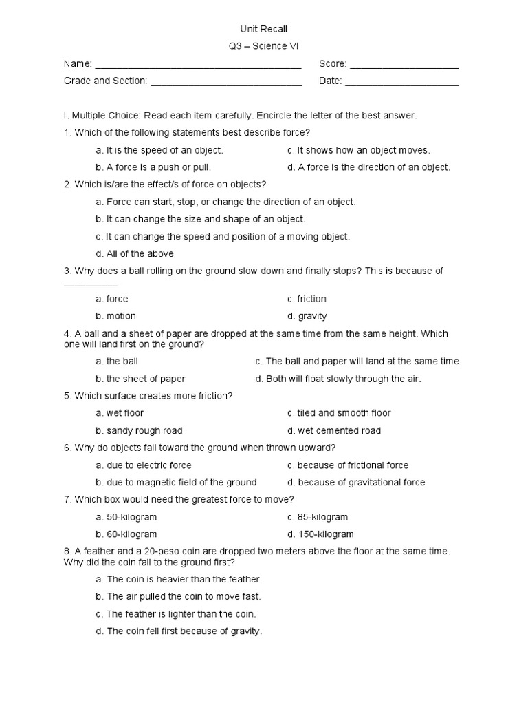 SCIENCE-6 Q3 Unit-Recall | PDF | Force | Friction