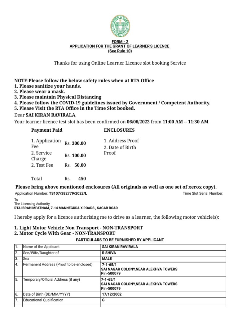 Learner's Licence Application Form | PDF | Driver's License | License