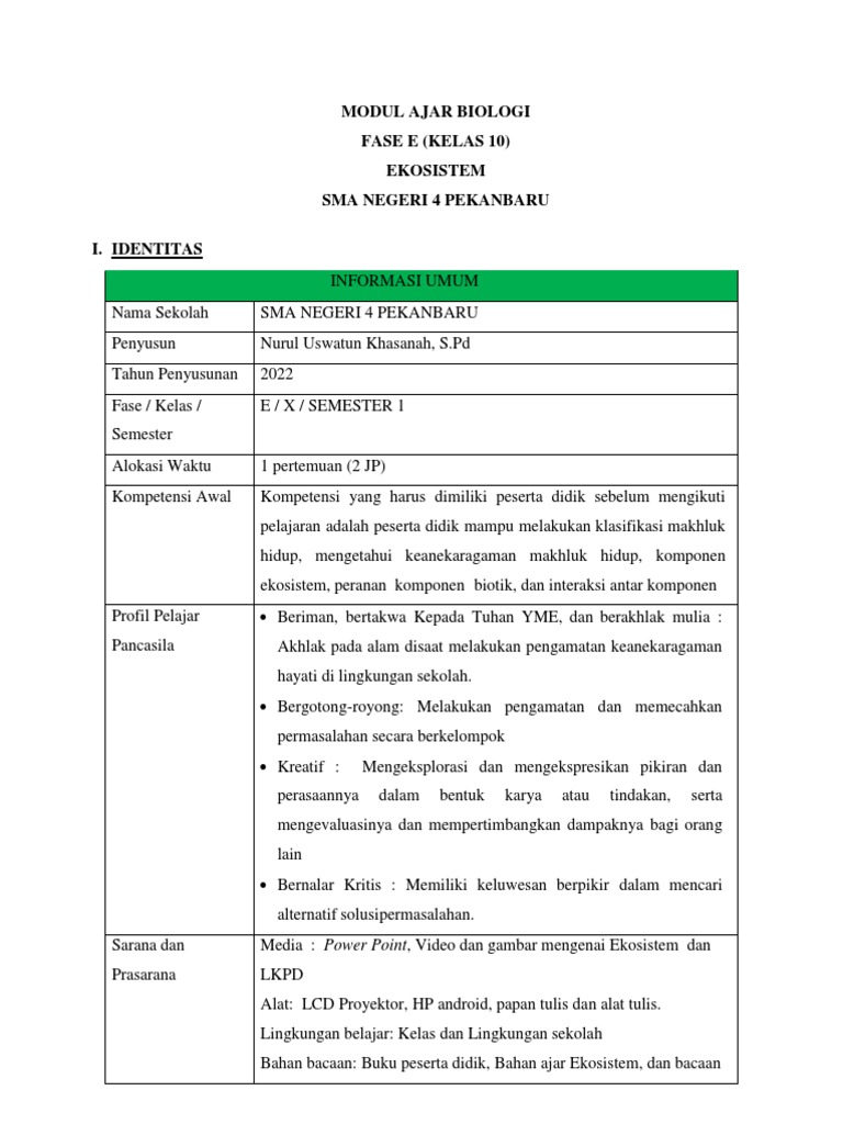 MODUL AJAR EKOSISTEM TaRL Dan LKPD PDF | PDF
