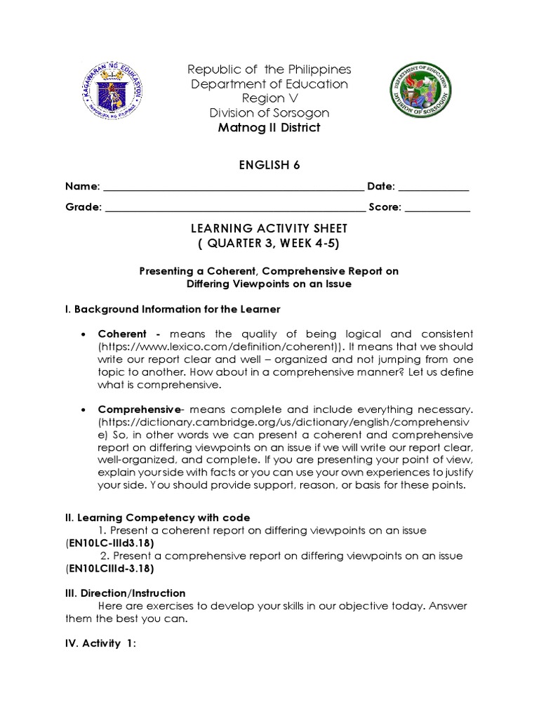 Presenting Differing Viewpoints: A Learning Activity Sheet on ...