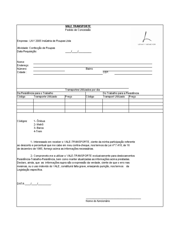 Pedido de Vale Transporte para Funcionários | PDF