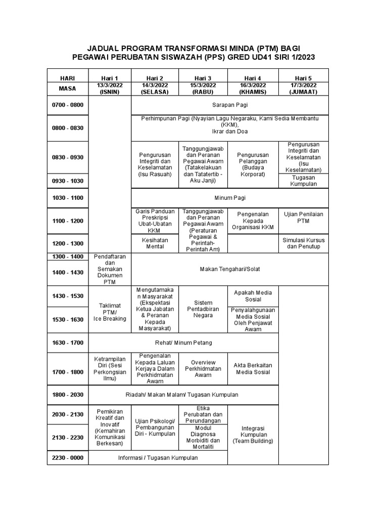 Jadual Program Transformasi Minda | PDF