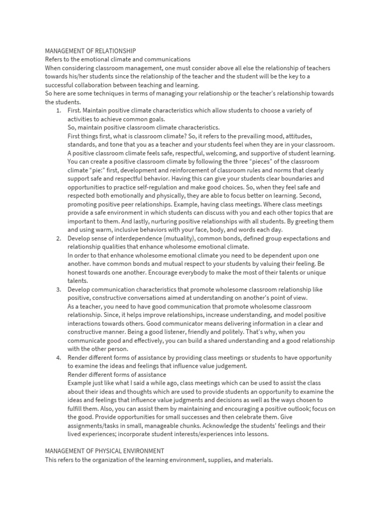Management of Relationship | PDF | Classroom | Teachers