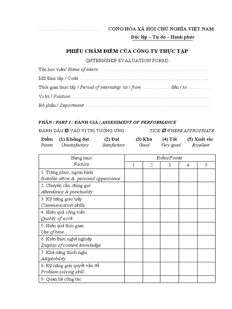 Phieu Cham Diem Cong Ty Thuc Tap | PDF