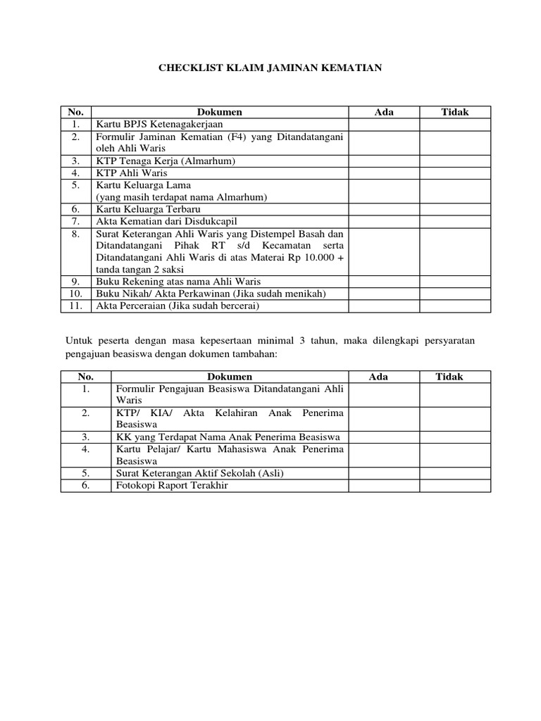 Checklist Persyaratan Klaim JKM Terbaru | PDF