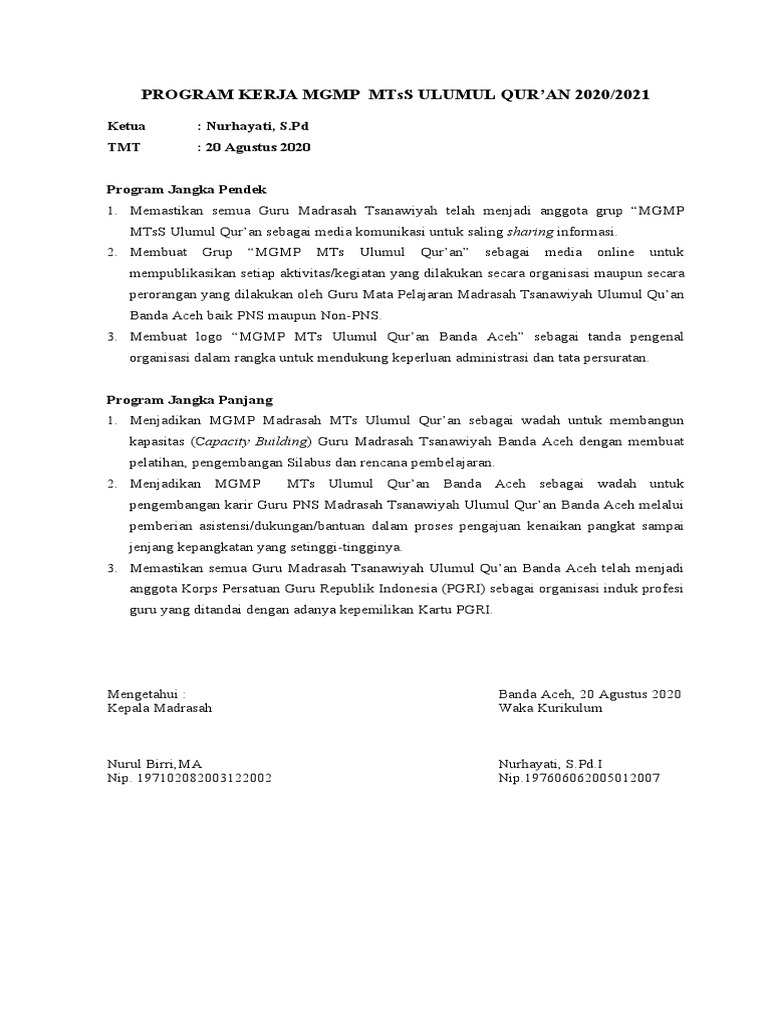 Program Kerja MGMP Mat Mts 2019-2024 | PDF