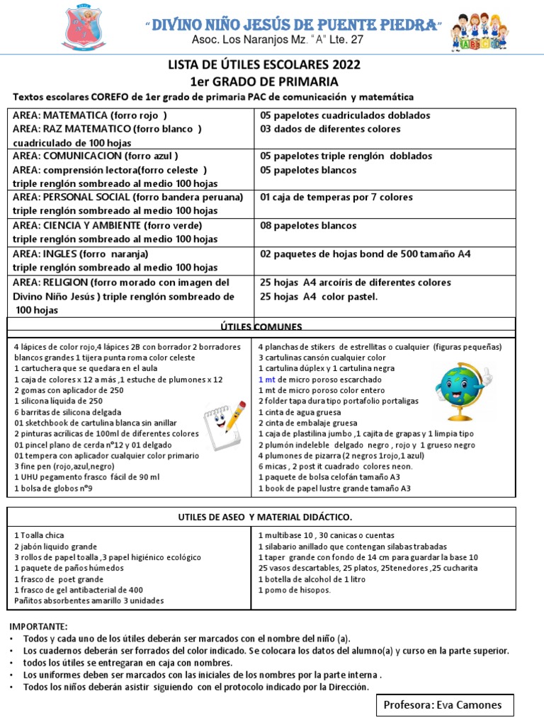 Lista de Utiles 2022 1er Grado Eva DNJ PDF | PDF | Diseño gráfico | Tecnicas artisticas