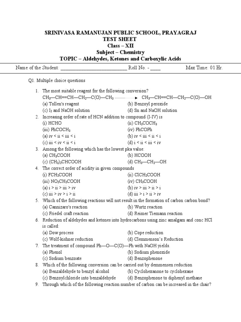Chemistry Test: Aldehydes & Ketones | PDF | Aldehyde | Methyl Group
