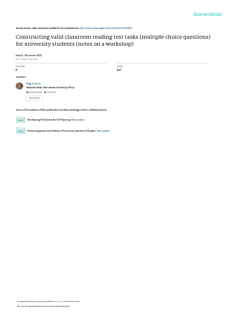 Constructing Valid Classroom Reading Test Tasks Mu Pdf Multiple Choice Validity Statistics 3832