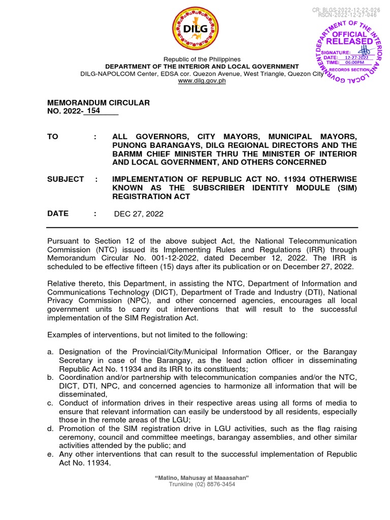 DILG MC 2022-154 Implementation of RA11934 SIM Registration Act PDF ...