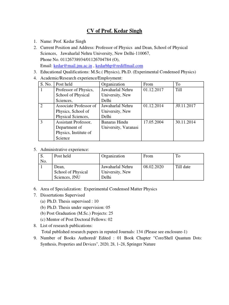 CV of Prof. Kedar Singh | PDF | Glasses | Materials Science