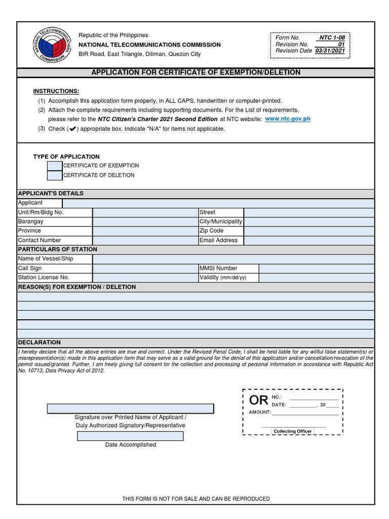 Form-No.-NTC-1-08-APPLICATION-FOR-CERTIFICATE-OF-EXEMPTION-DELETION (1) - 1 PDF | PDF