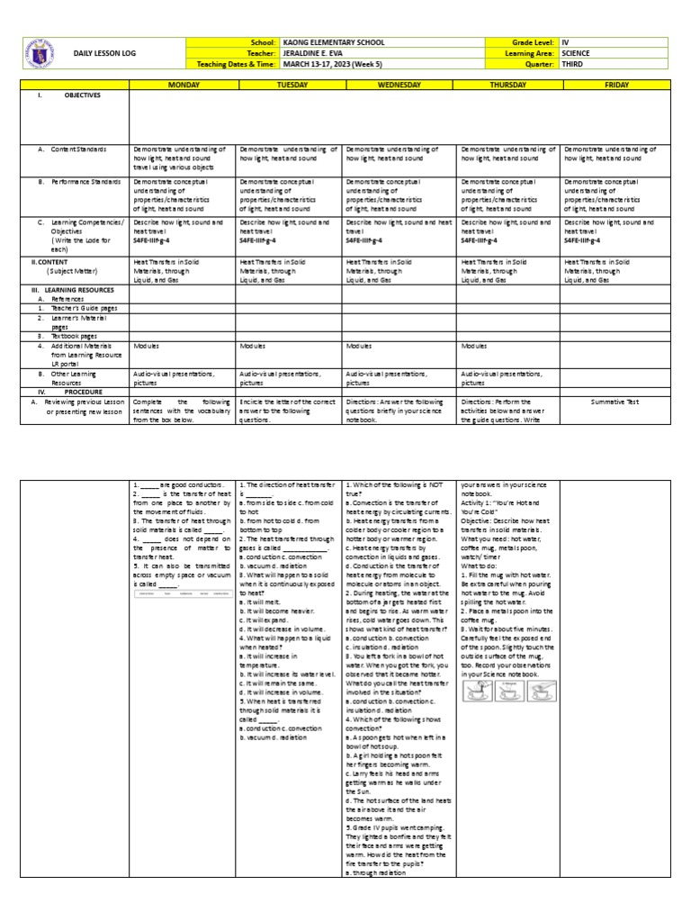 DLL - SCIENCE 4 - Q3 - WEEK 5 Describe How Light, Sound and Heat Travel@edumaymay@lauramos | PDF ...