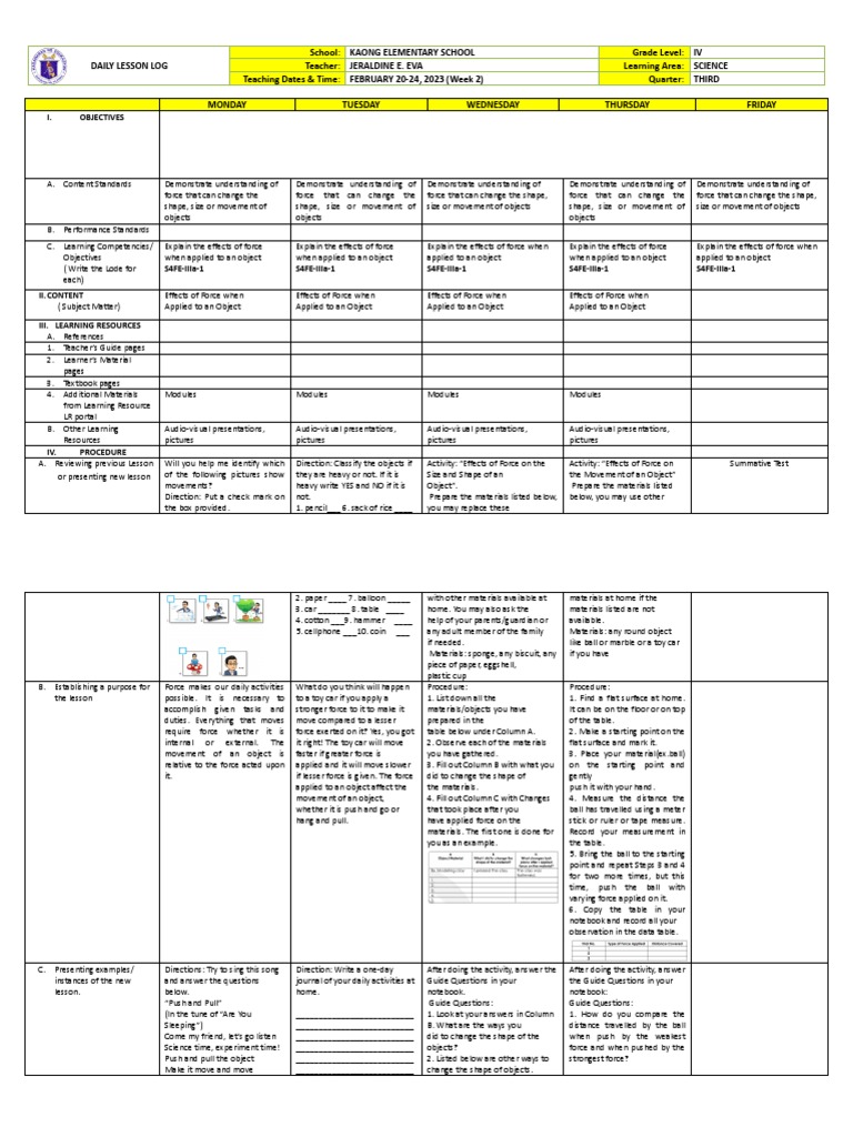 DLL - SCIENCE 4 - Q3 - WEEK 2 Explain The Effects of Force@edumaymay@lauramos | PDF | Force ...