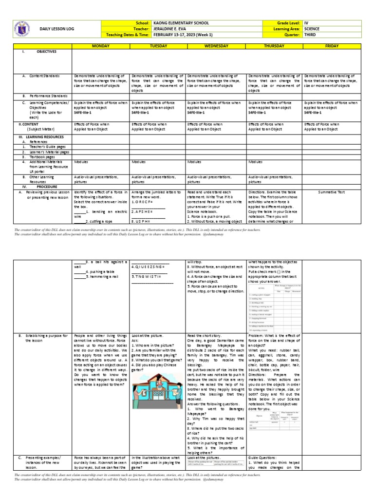 DLL - SCIENCE 4 - Q3 - WEEK 1 Explain The Effects of Force@edumaymay@lauramos | PDF | Force ...