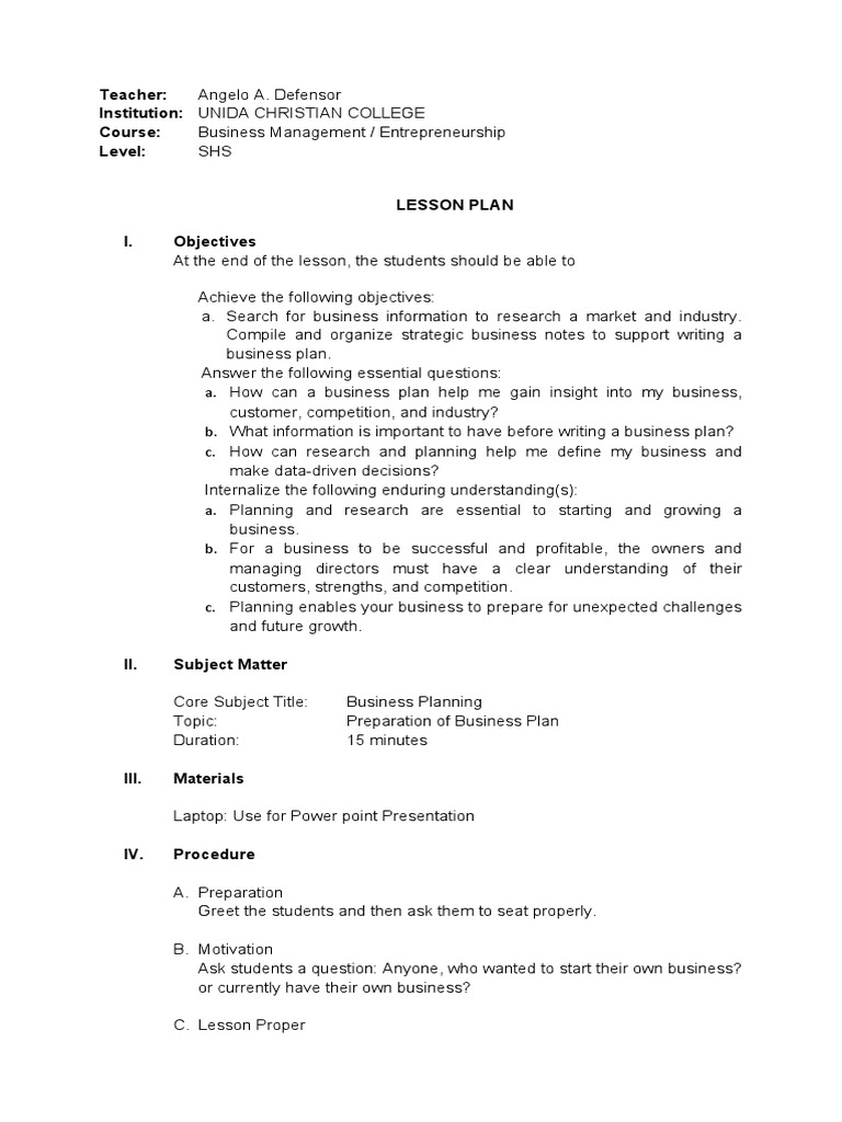 Lesson Plan - Demo Teaching | PDF | Business Plan | Business