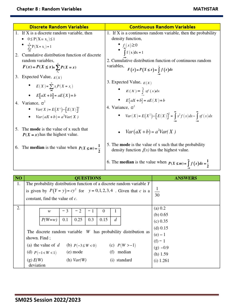 WORKSHEET 8 Random Variables PDF | PDF | Probability Distribution | Variance