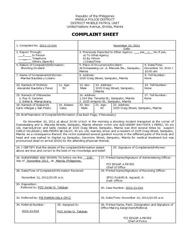 E-1 Complaint Sheet | PDF