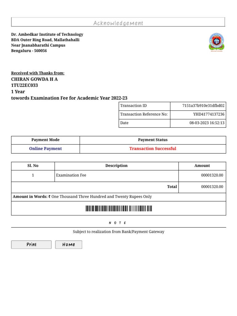 Receipt for Examination Fee Payment of Rs. 1,320 by Chiran Gowda H A ...